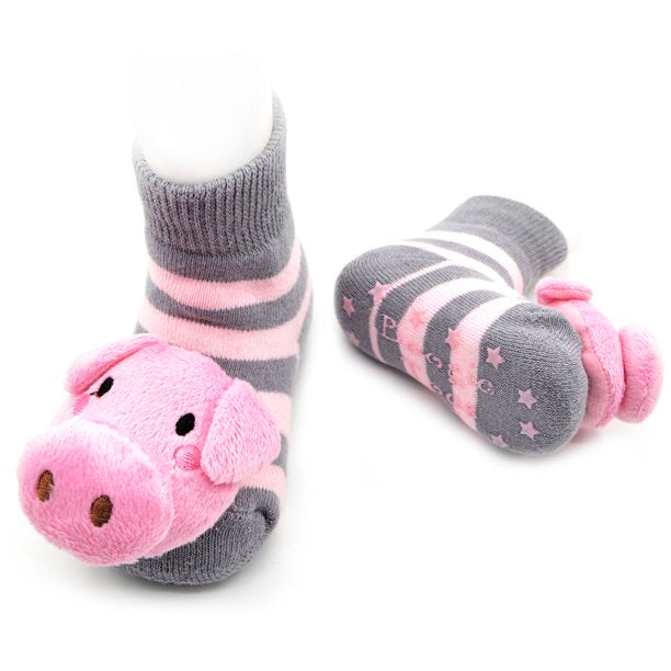 Gray and Pink Pig Boogie Toes Rattle Socks for Babies| ToeHugger.com